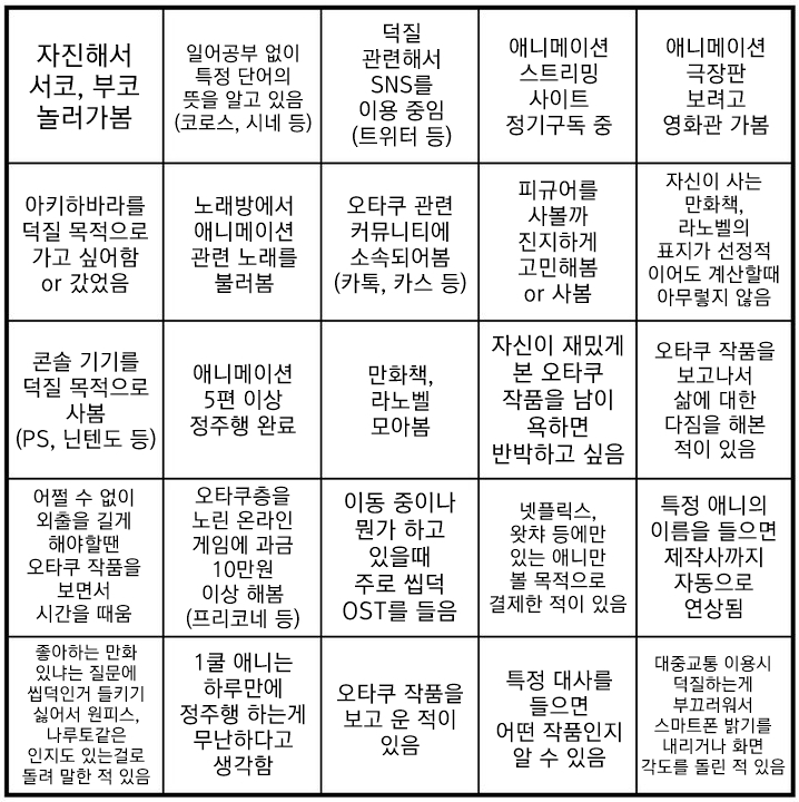 오타쿠 빙고. Jpg | (백업)유머 게시판(2018-2020)