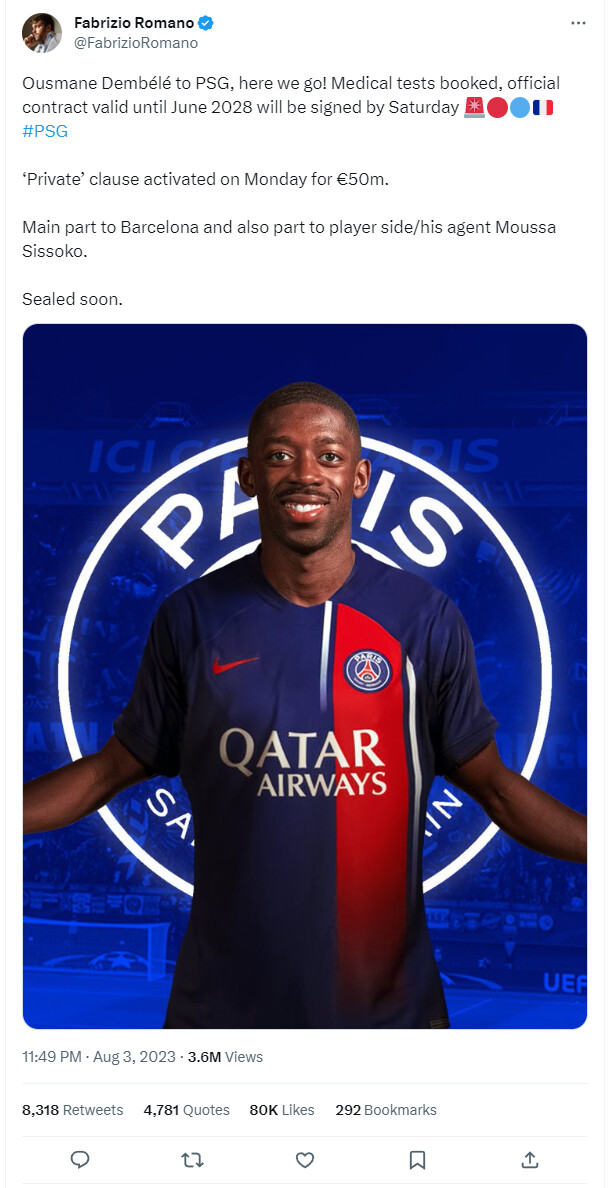 로마노 PSG 우스만 뎀벨레 영입 here we go