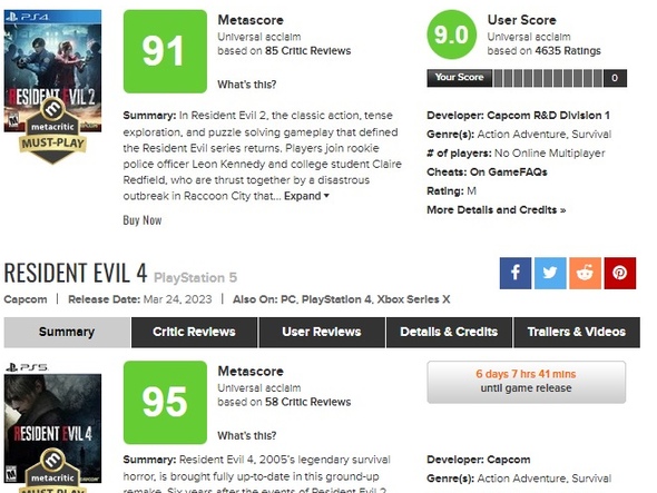 메타 95점....re2를 넘어섰네요 | 바이오 하자드 RE:4